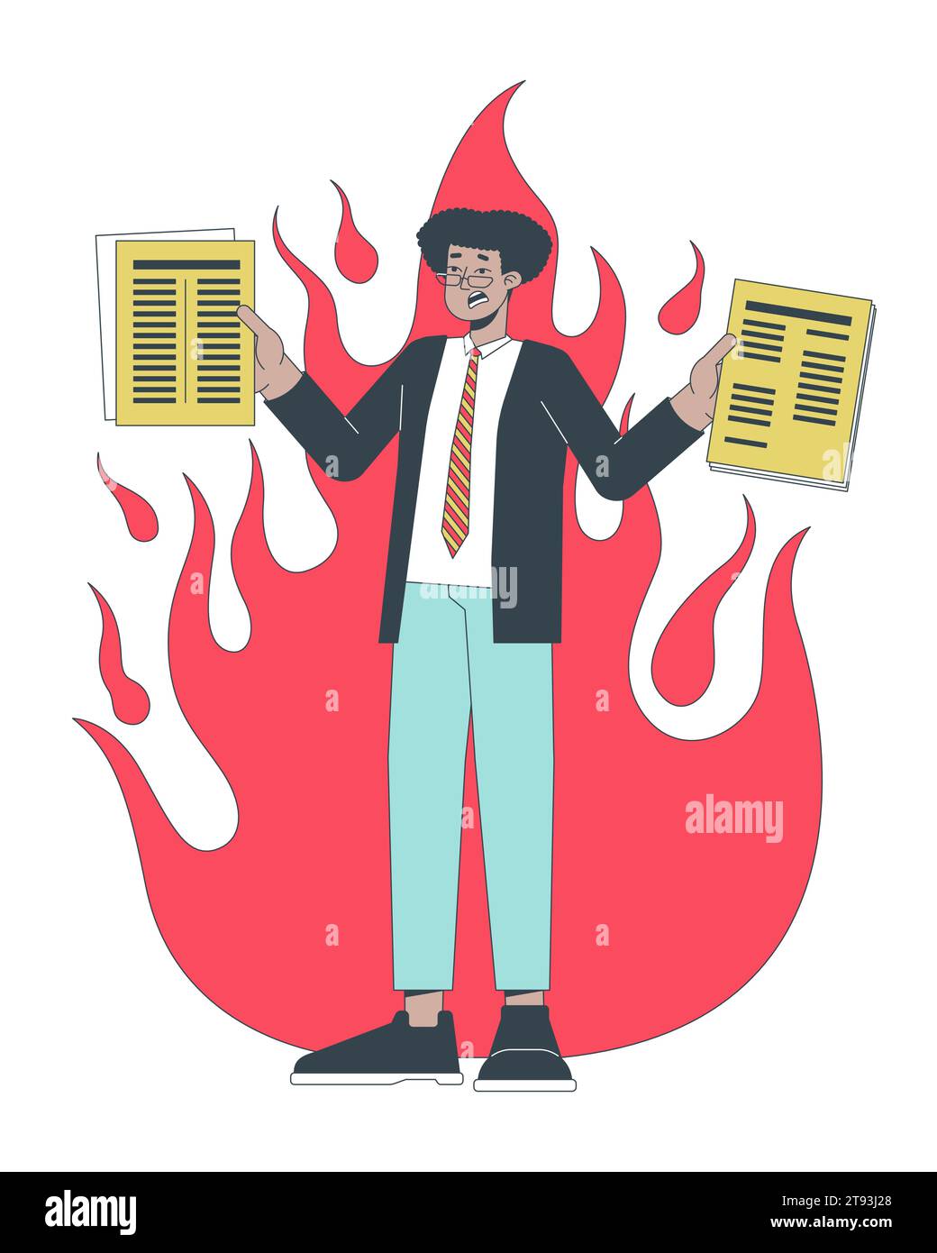 Busy workaholic hispanic man holding paperwork 2D linear cartoon ...