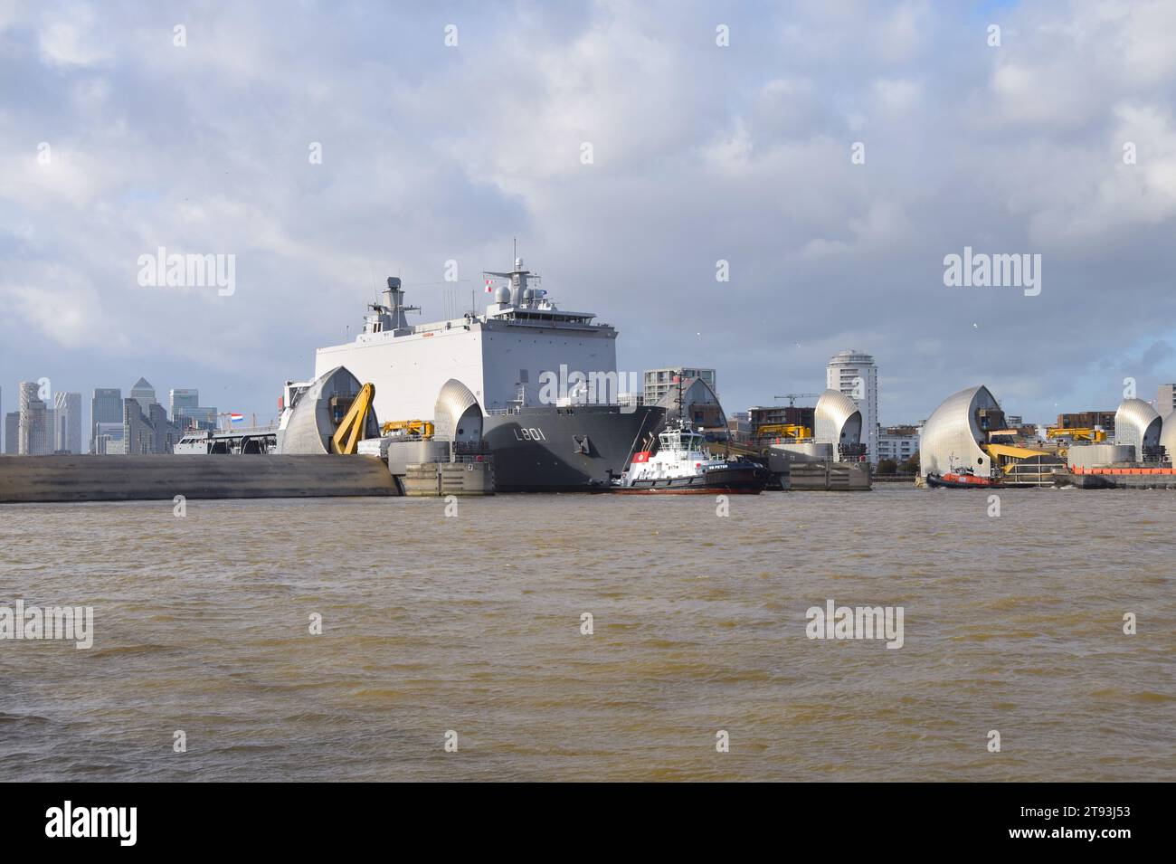 Buffeted by strong winds the Royal Netherlands Navy’s gigantic warship HNLMS Johan de Witt was ...