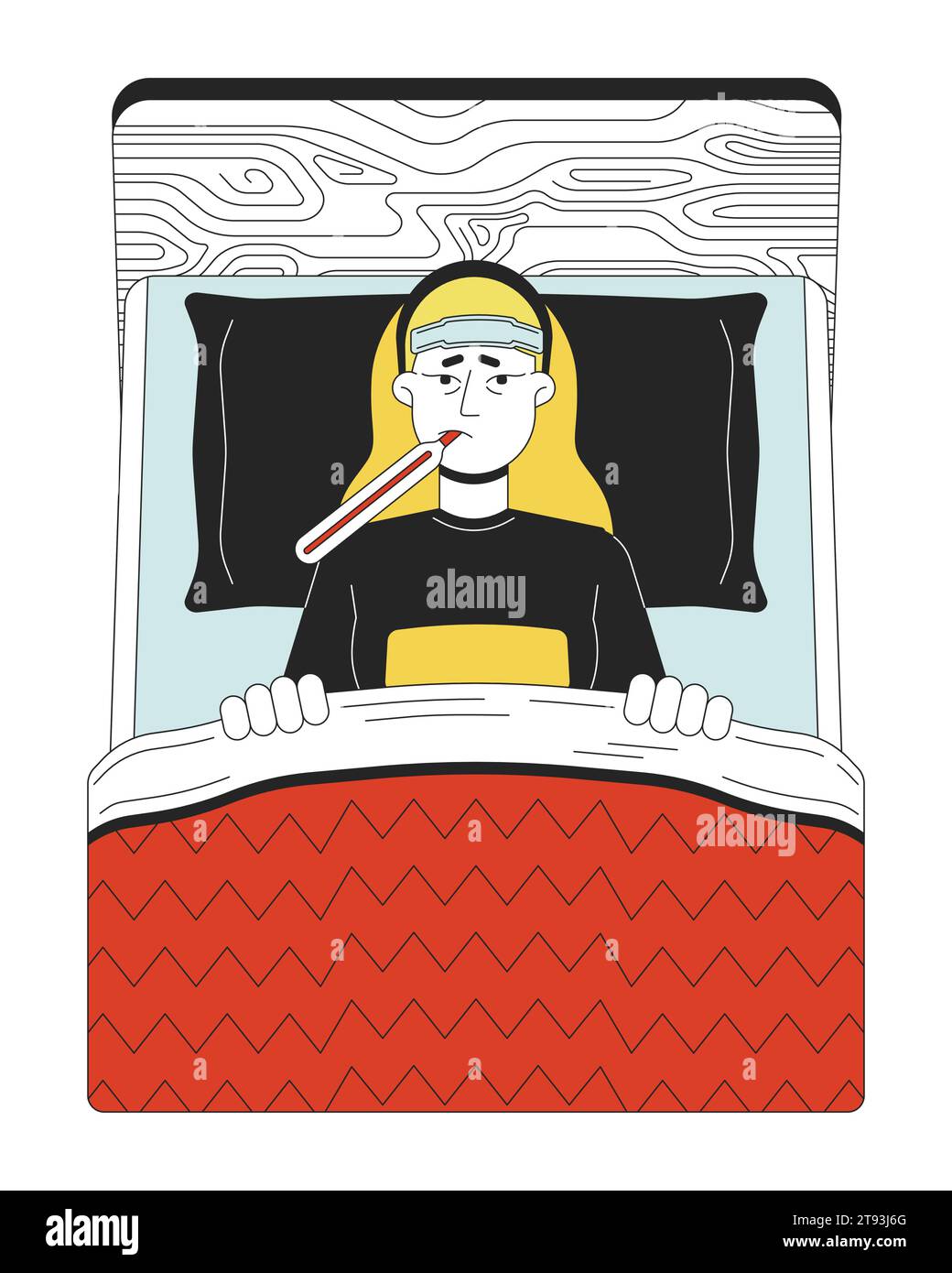 Sick flu patient in bed line cartoon flat illustration Stock Vector ...