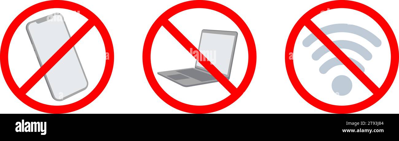 Set of prohibition icons for mobile phone, laptop and wi-fi. Vector ...