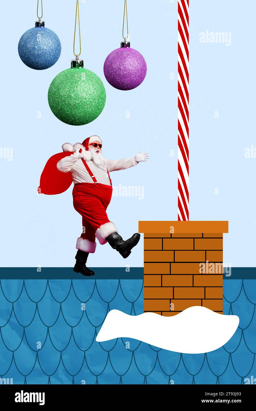 Poster picture collage of santa claus going roof chimney carrying gifts ...