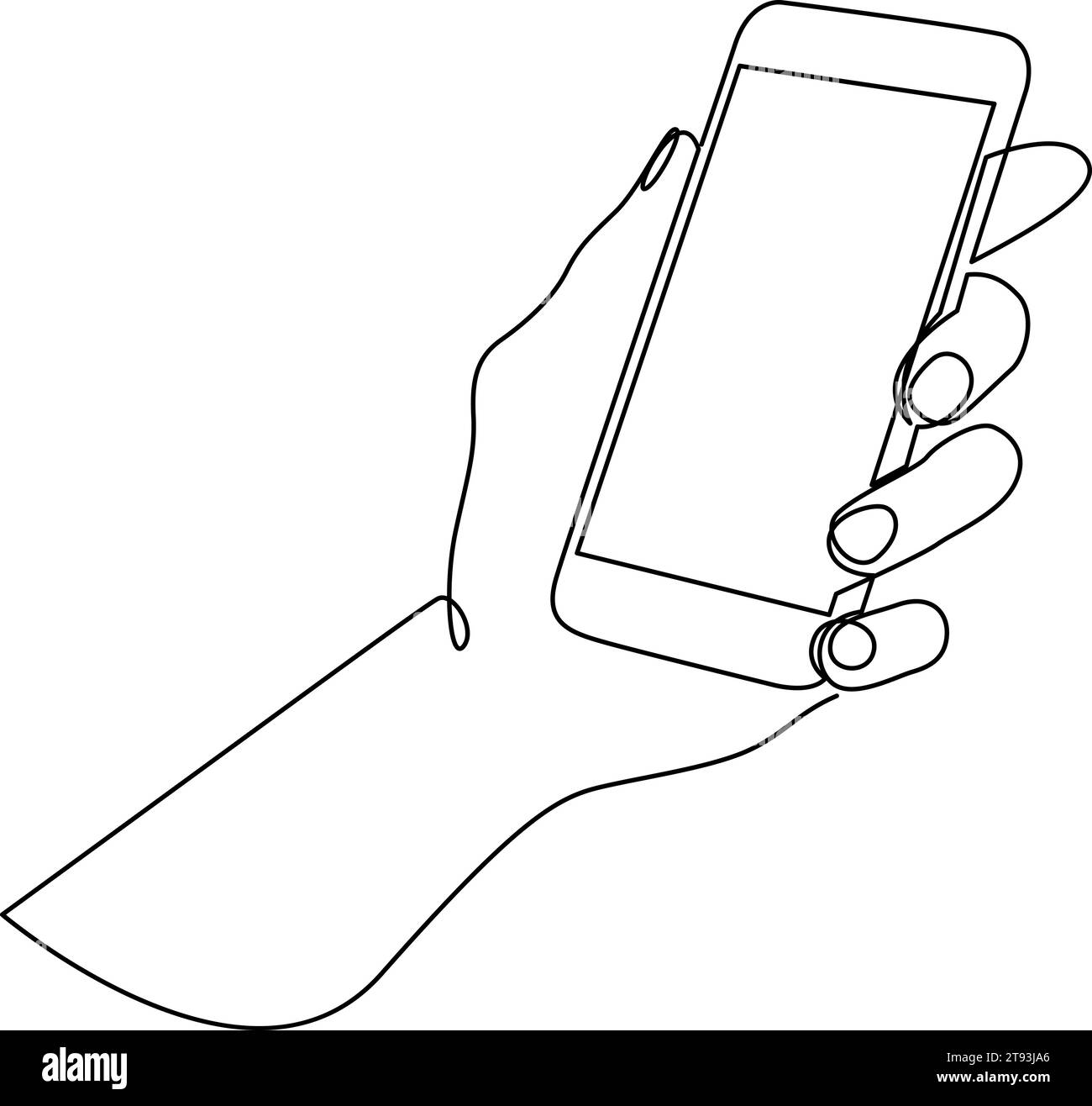 Continuous one line drawing of hand holding smartphone. Human hand using modern mobile phone ...