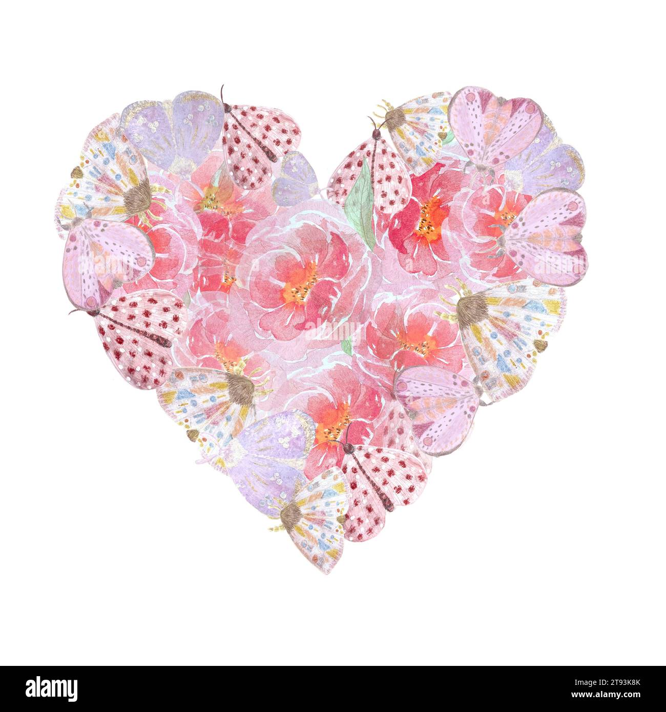 Hand painted watercolor delicate butterflies peonies heart Stock Photo ...