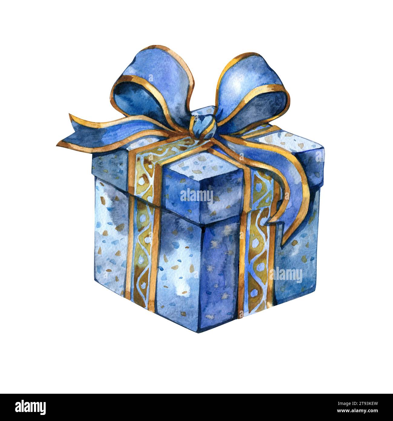 Watercolor Christmas blue gift box with gold ribbon. Satin bow on ...