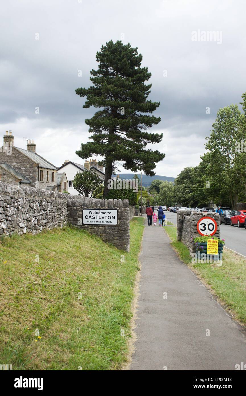 Castleton, UK- June 30 2023: The main road into Casteton village in the ...