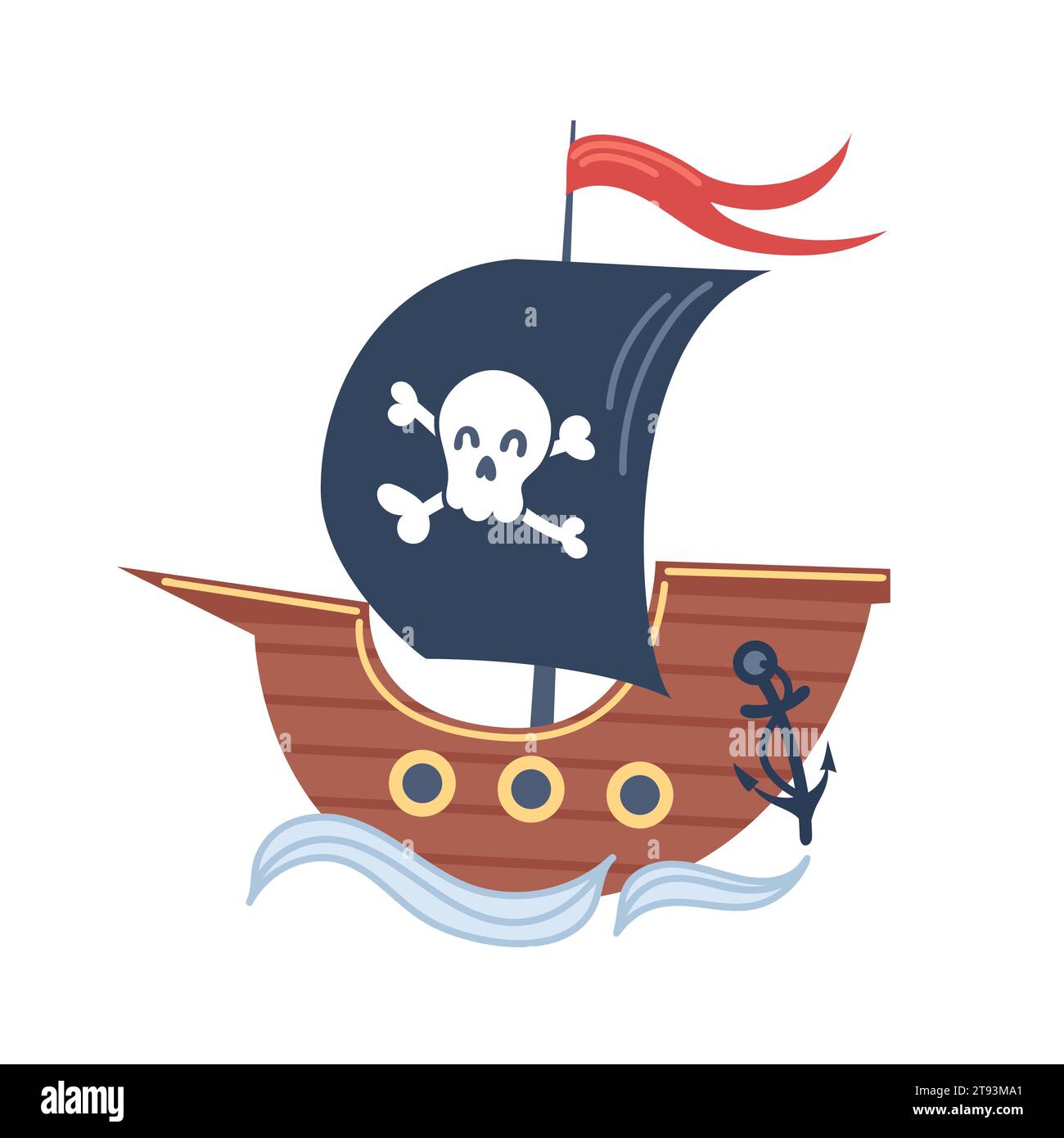 Cute Childrens pirate ship in cartoon style. Jolly Roger, adventures ...