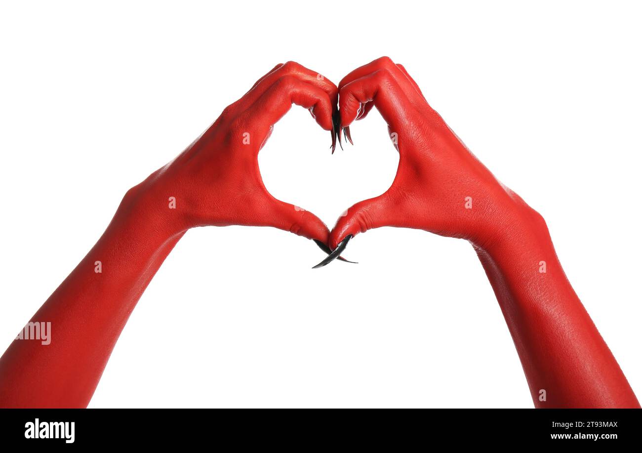 Scary monster making heart gesture on white background, closeup of ...