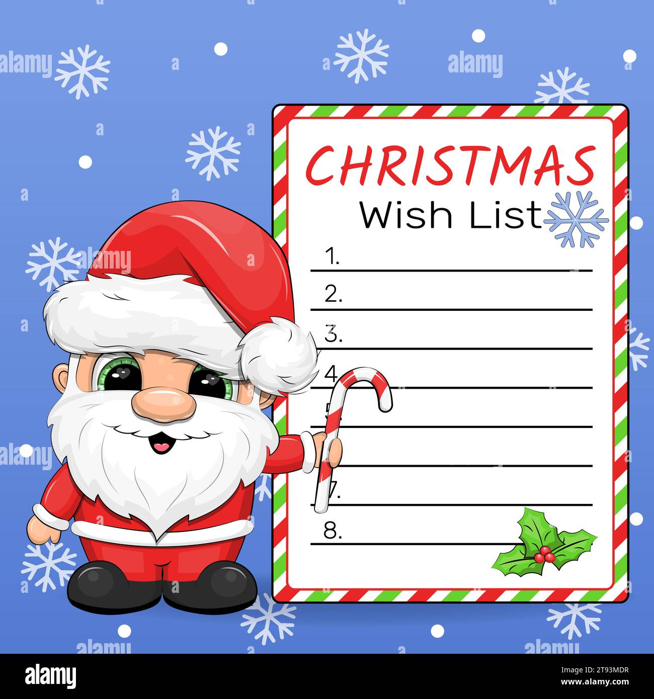 Cute cartoon Santa Claus with a Christmas wish list. Vector ...