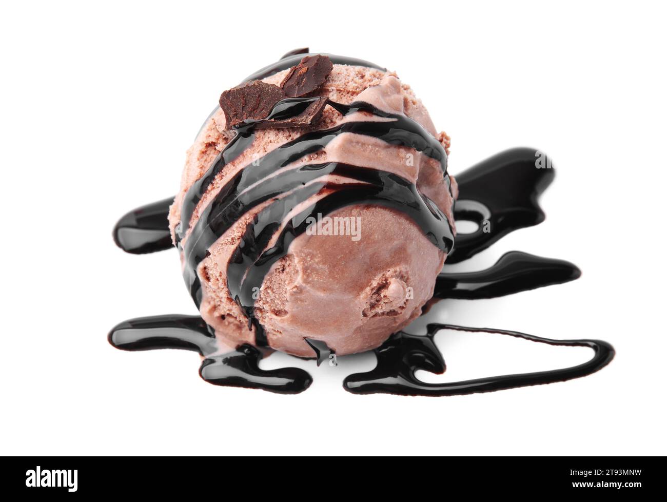 Scoop of tasty ice cream with chocolate chunks and syrup isolated on ...