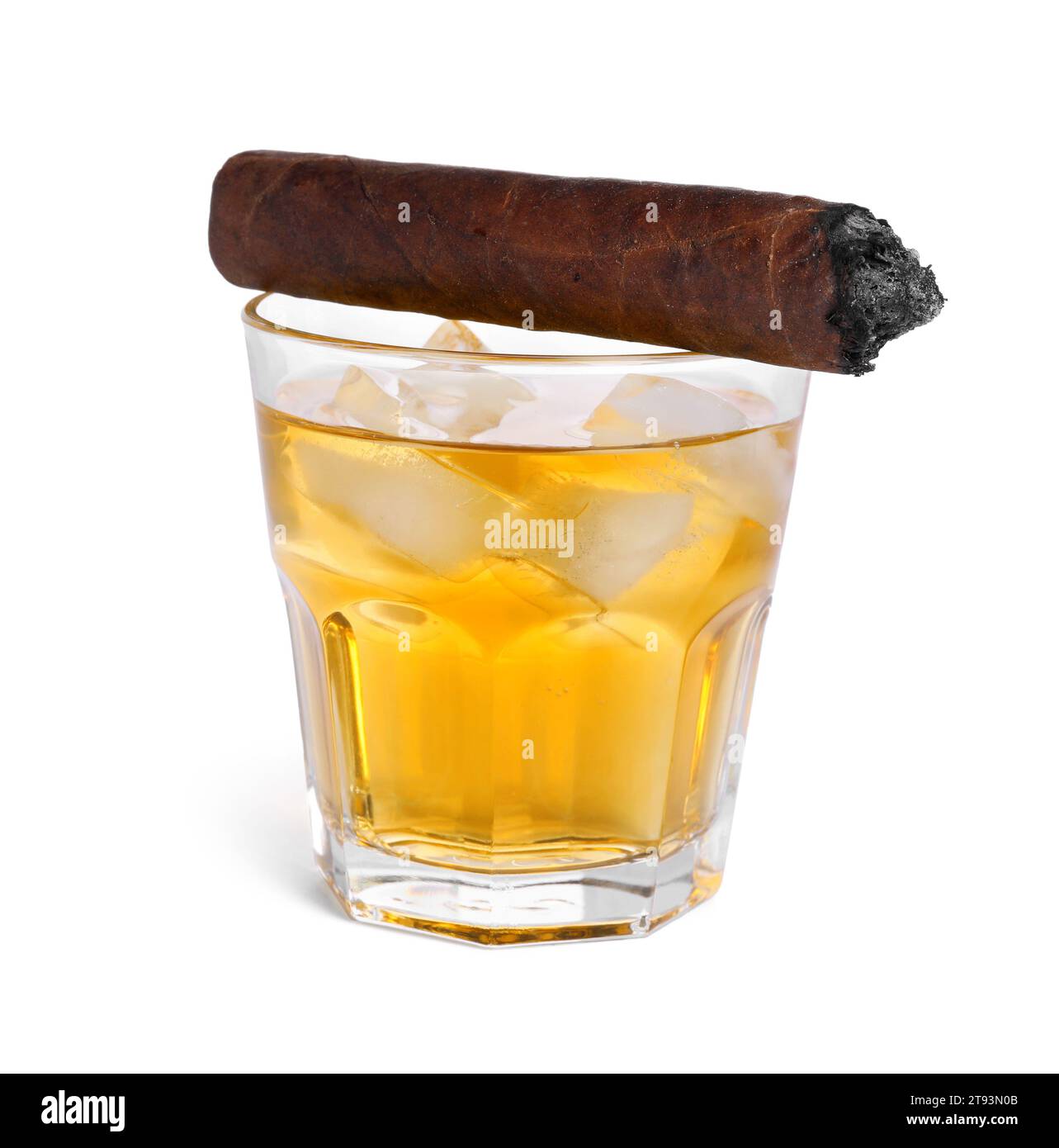 Glass of whiskey and burnt cigar isolated on white Stock Photo - Alamy