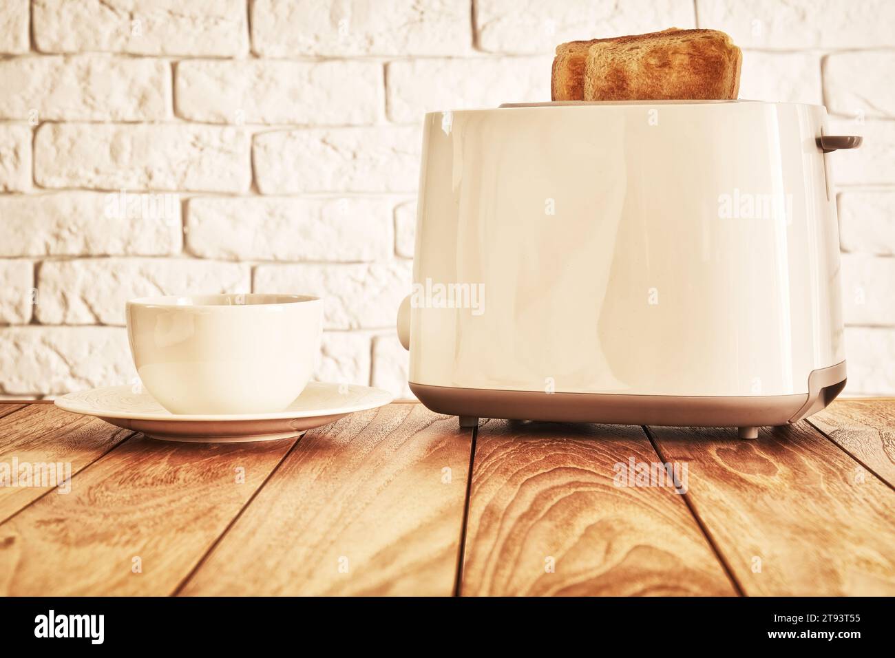 Wooden kitchen table with toaster, toasts and fresh coffee cup. Food ...