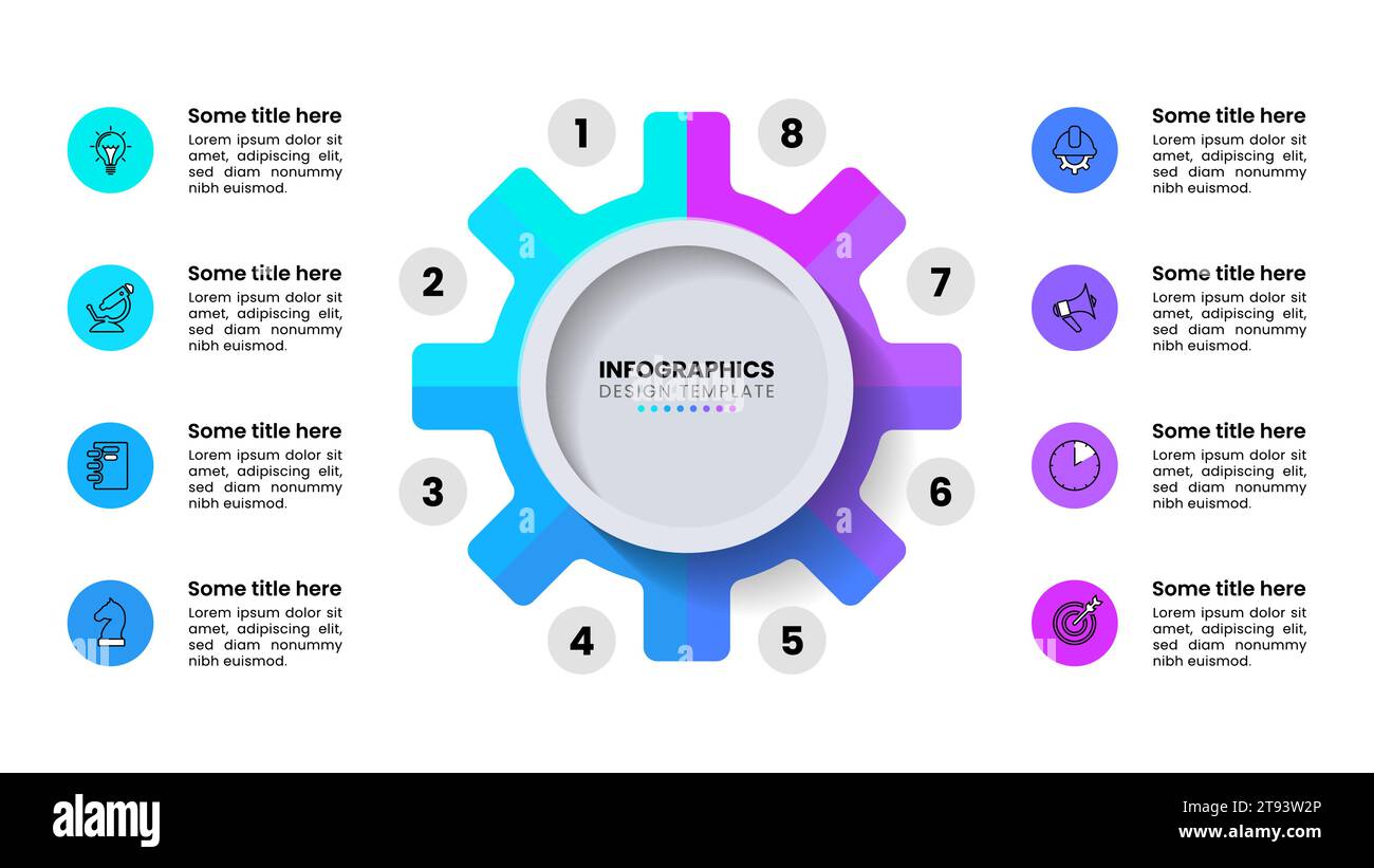 Infographic template with icons and 8 options or steps. Split gear. Can be used for workflow ...
