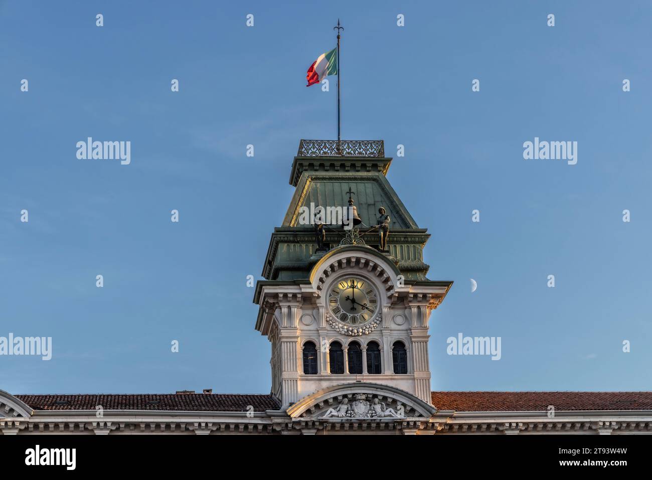 TRIESTE, ITALY – November 19, 2023: clock tower with italian flag on ...