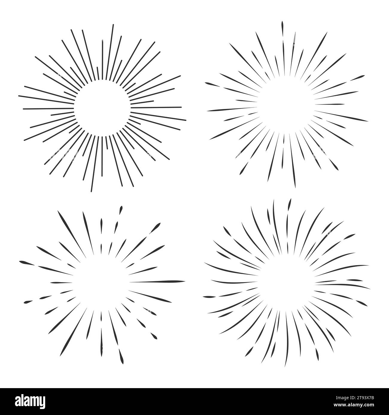 Set Fireworks, rays, sunburst frames circle border decoration, sparkle in doodle style, line ...