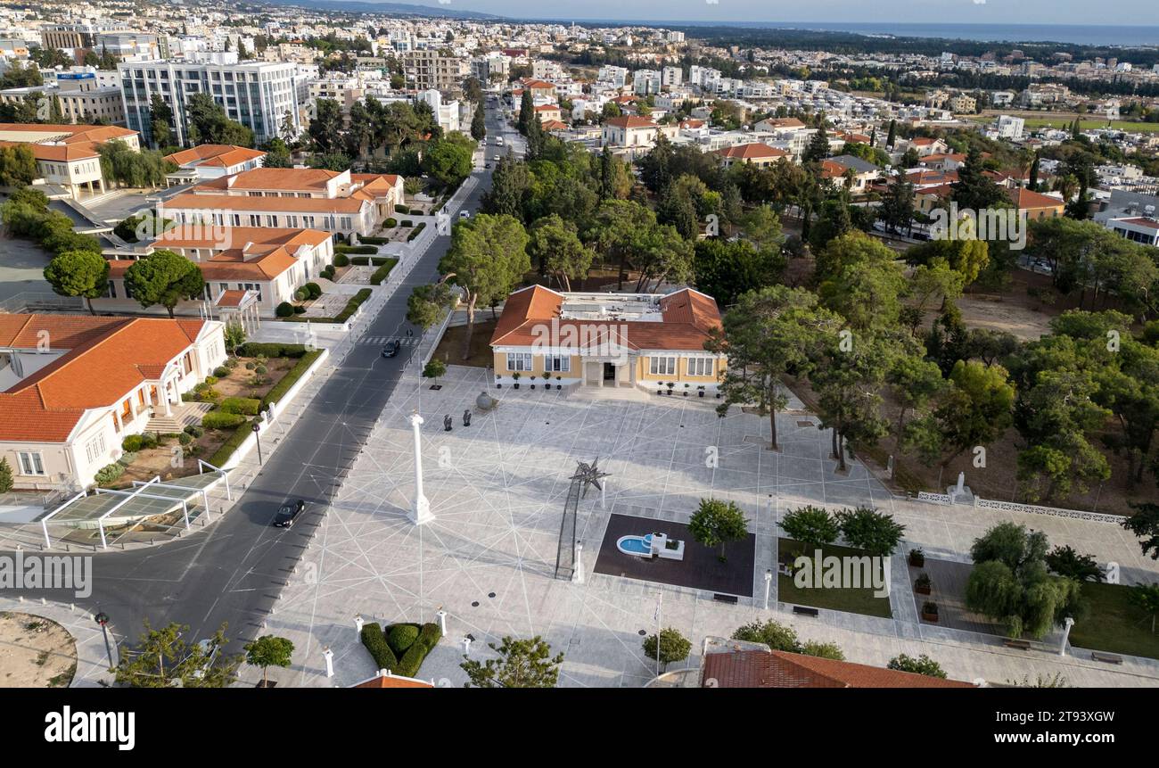 Aerial drone view of Paphos town hall, October 28th Square, Paphos ...