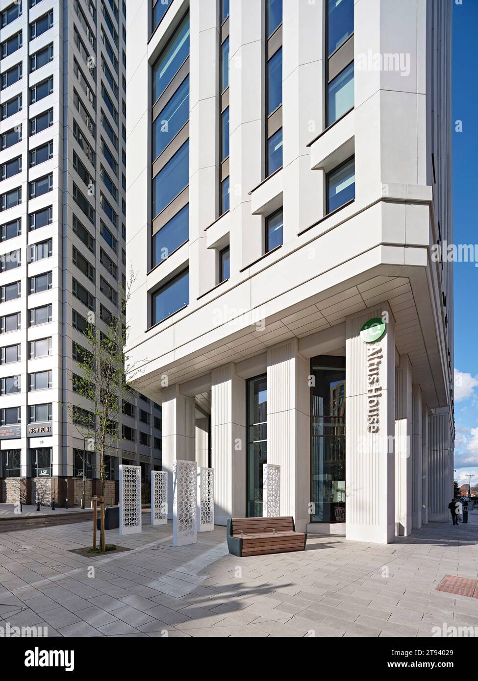 Corner view of building entrance. Altus House, Leeds, United Kingdom ...