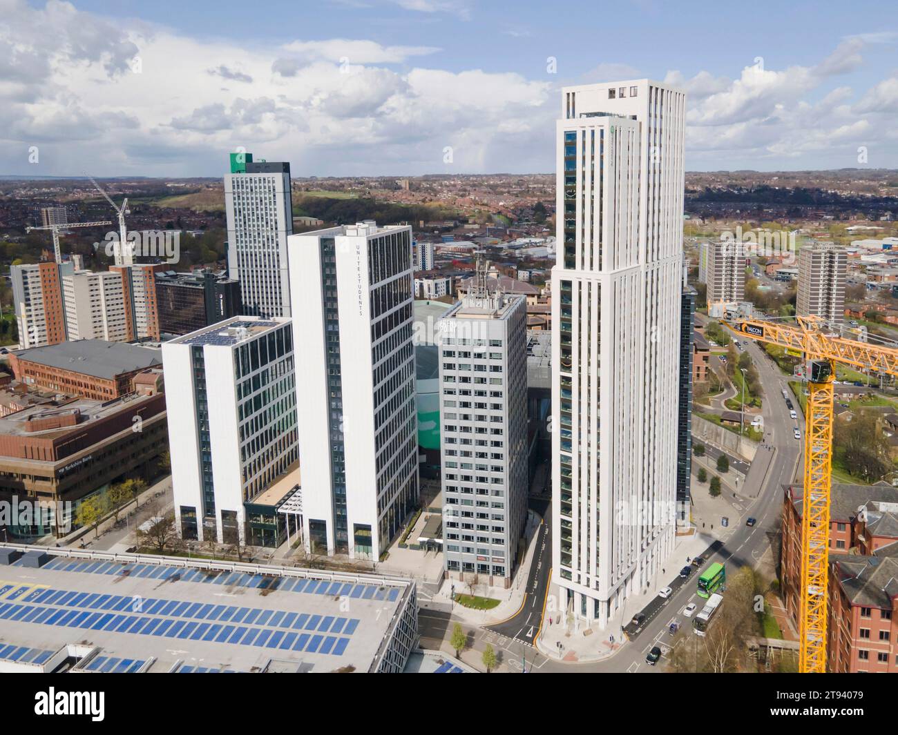 Bird's eye view of city and high-rises. Altus House, Leeds, United ...