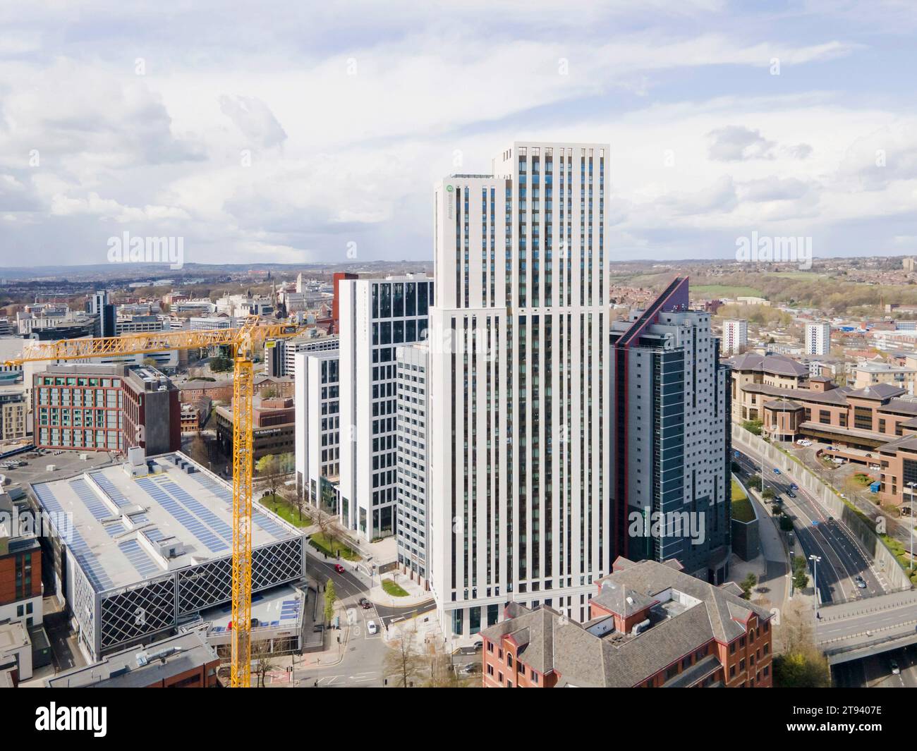Bird's eye view of city and high-rises. Altus House, Leeds, United ...