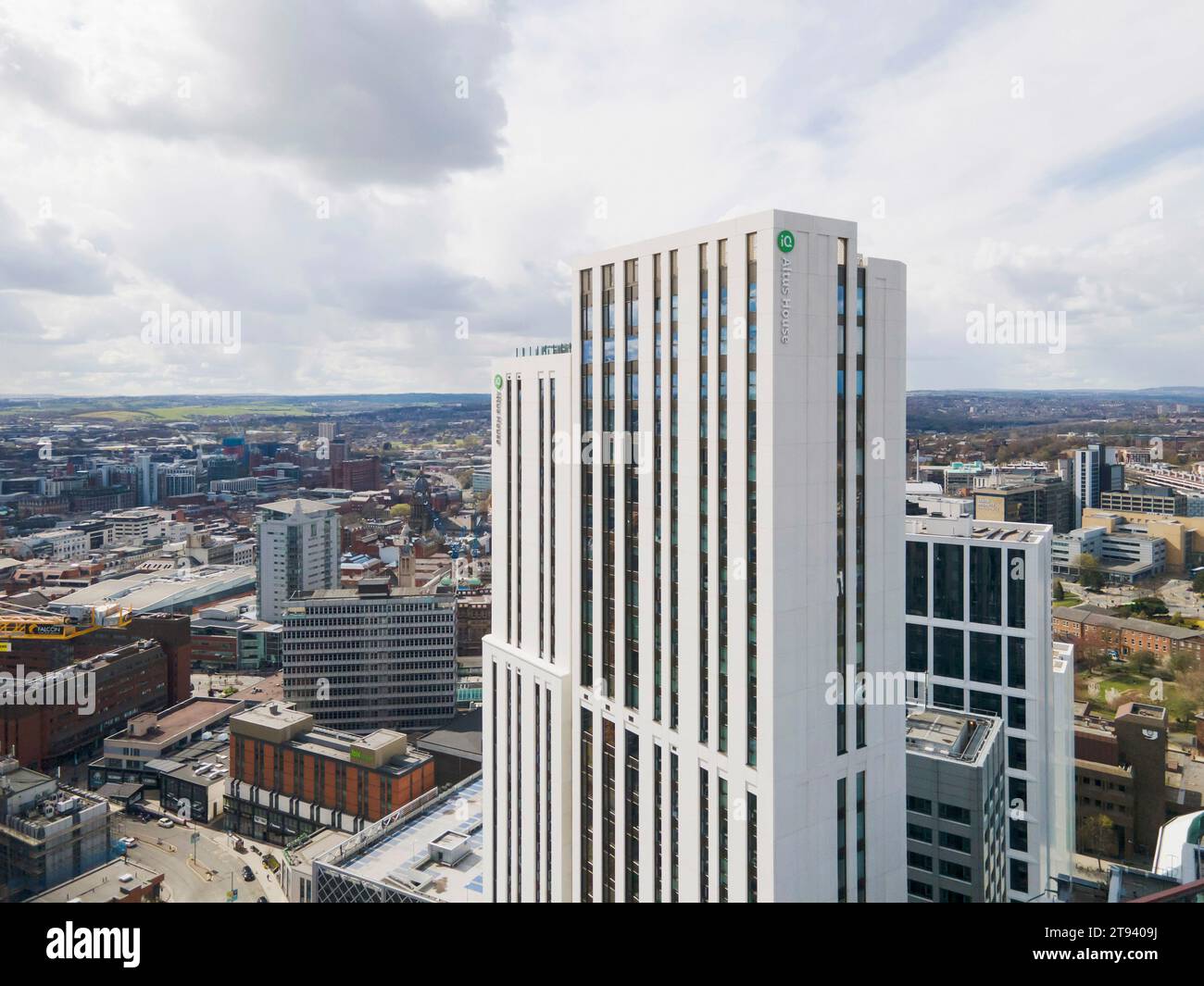 Bird's eye view of city and high-rises. Altus House, Leeds, United ...