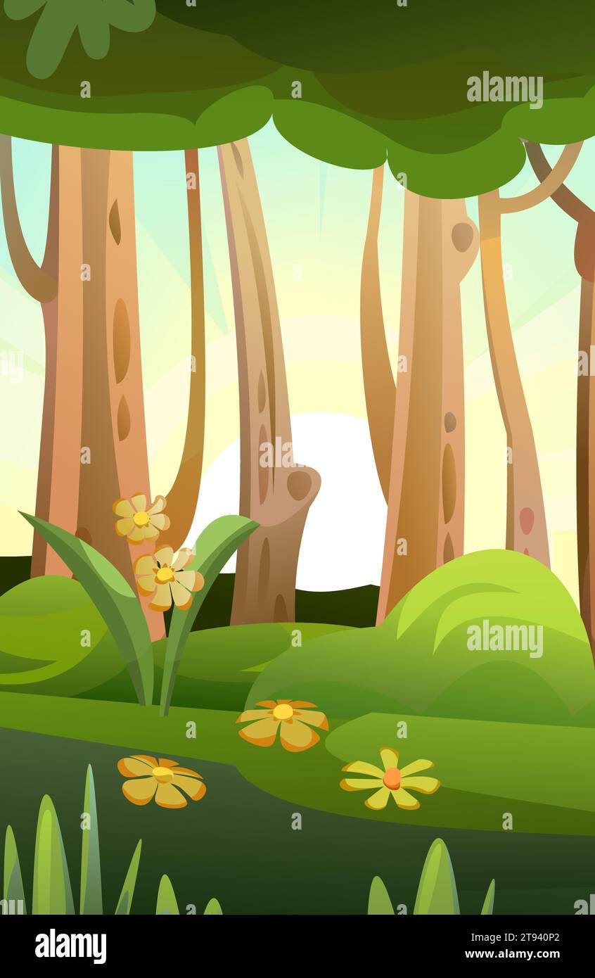 Flowers in summer forest. View of trees. Scenery Landscape. Fun cartoon ...