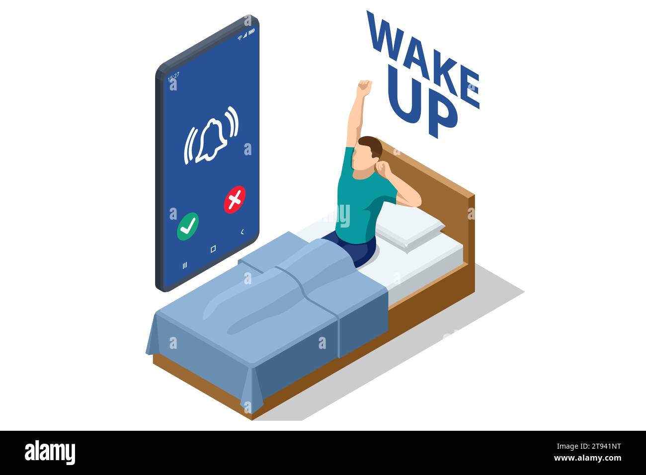 Isometric wake up of a happy man lying on the bed. Sleeping and waking ...