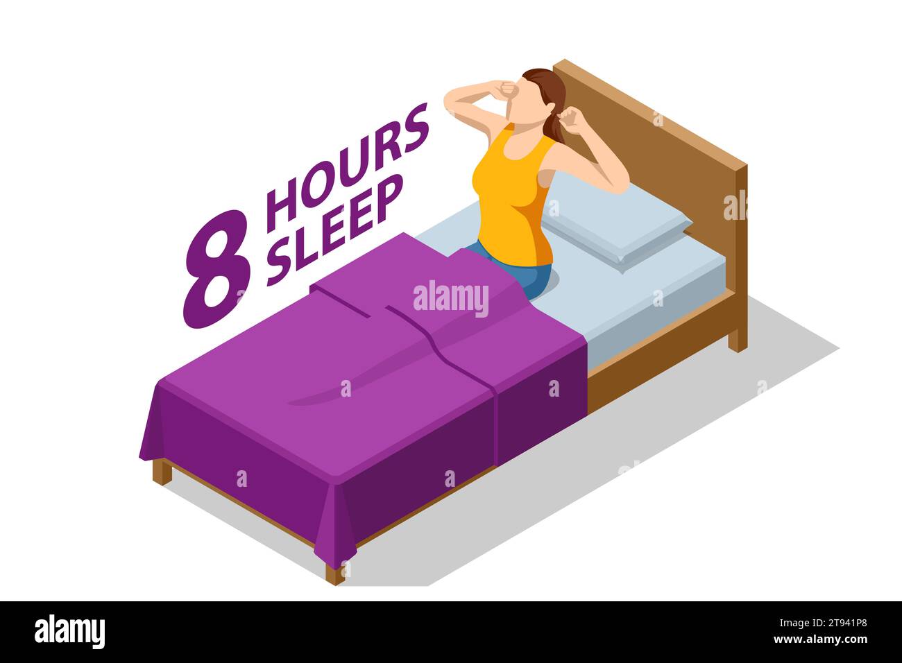 Isometric wake up of a happy woman lying on the bed. Sleeping and ...