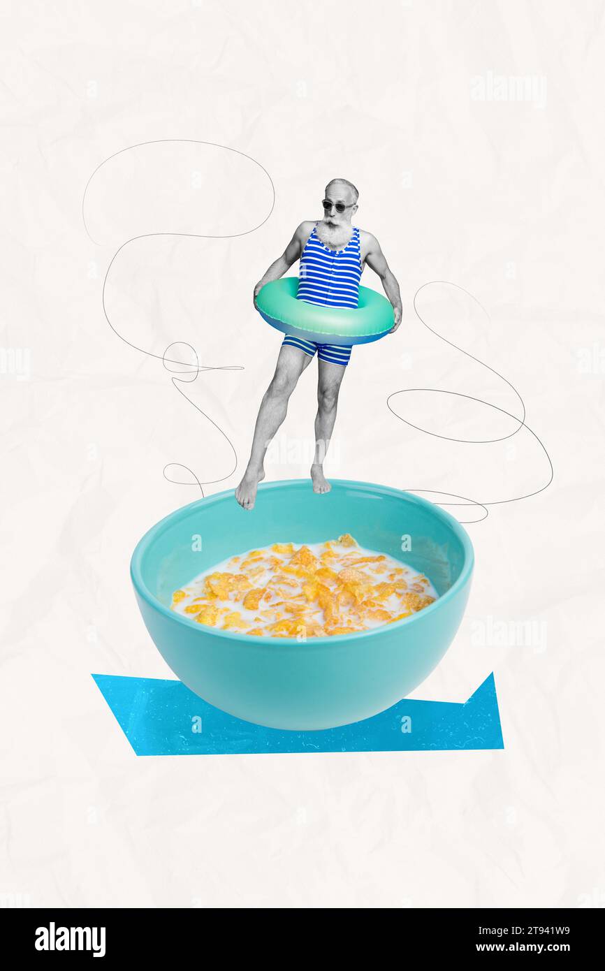 3d retro abstract creative collage of retired man inflatable ring ...