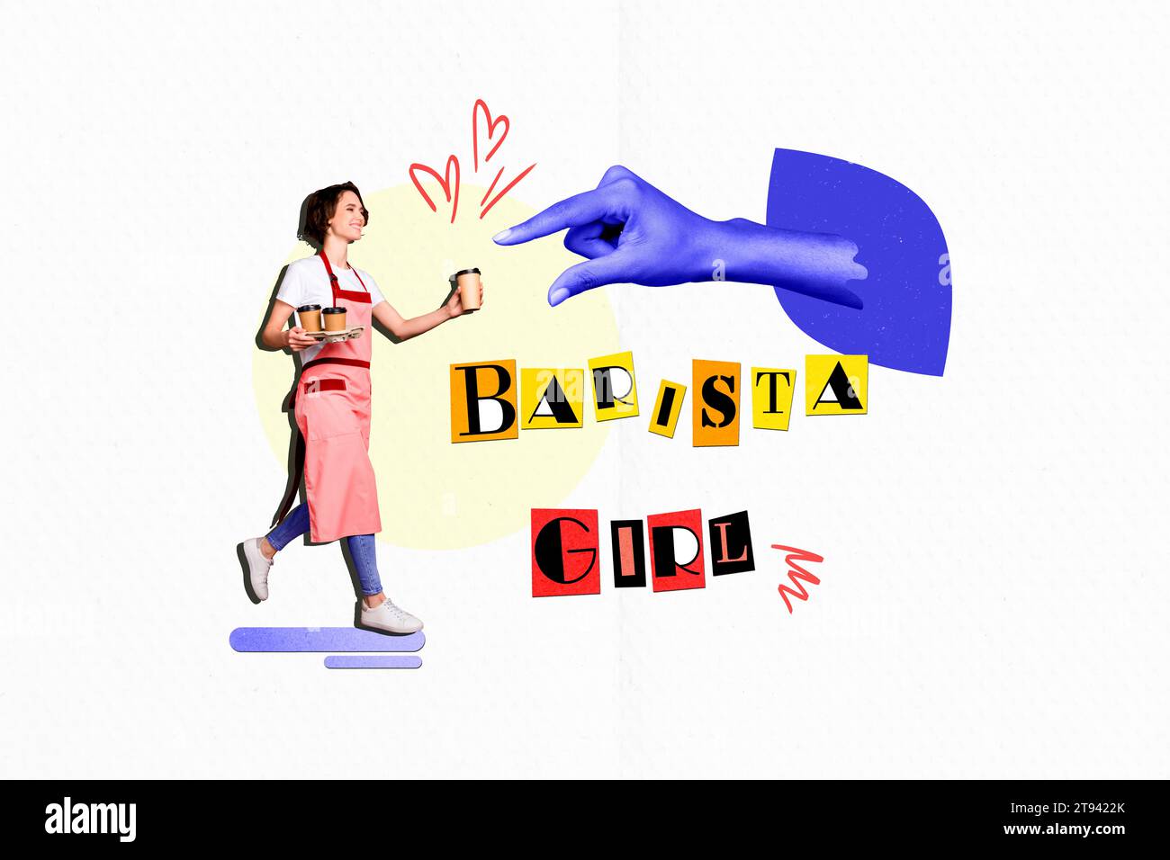 Full length body size collage photo of smiling barista girl bringing ...