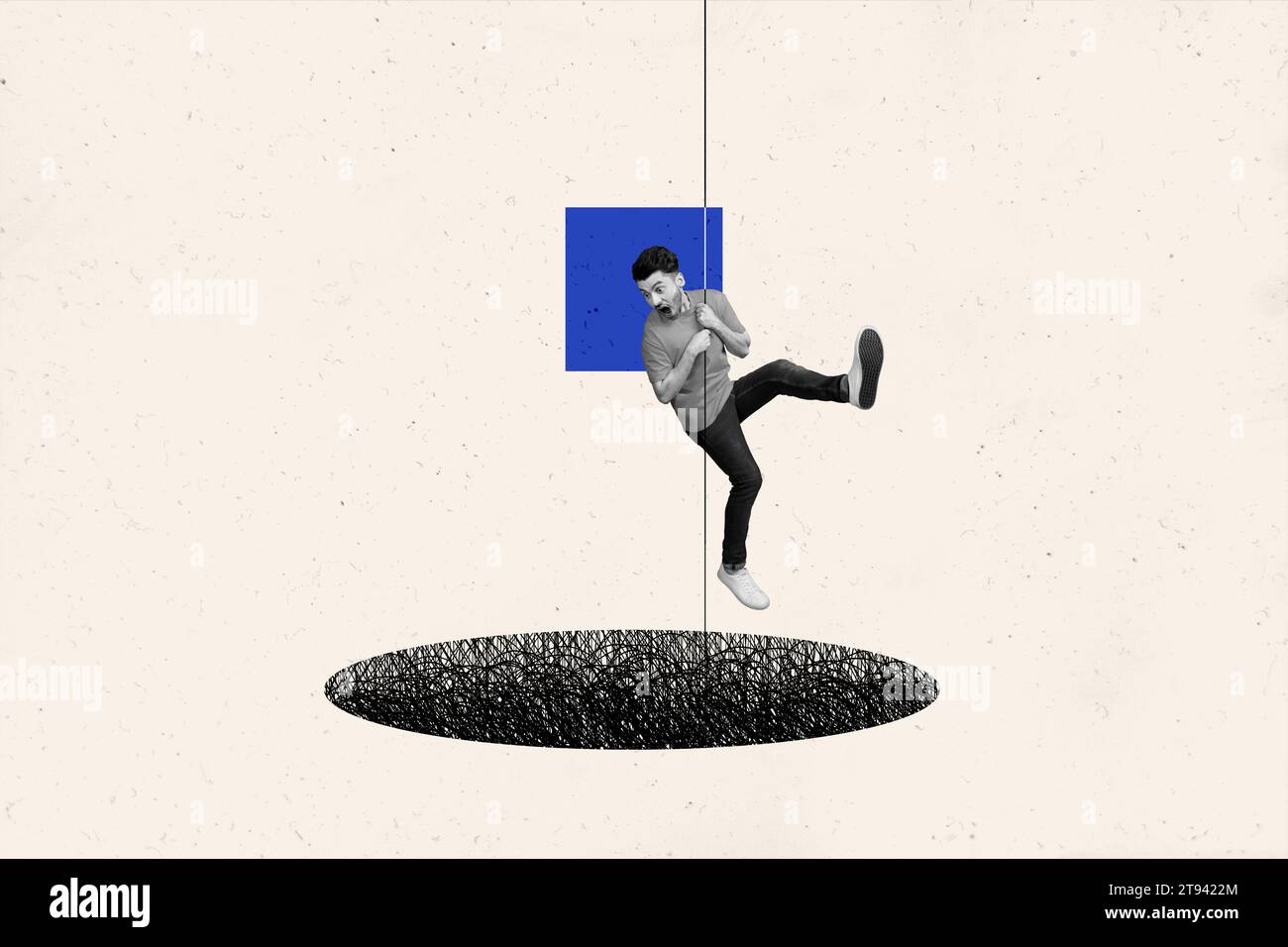 Creative collage artwork poster image of young man hanging on rope ...