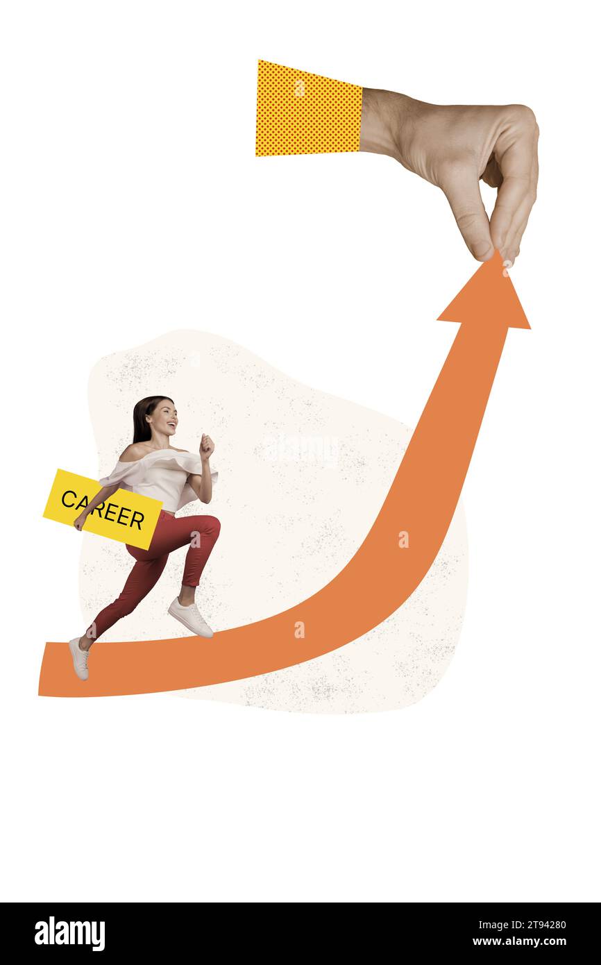 Photo collage vertical of funny employee girl running up to increasing ...