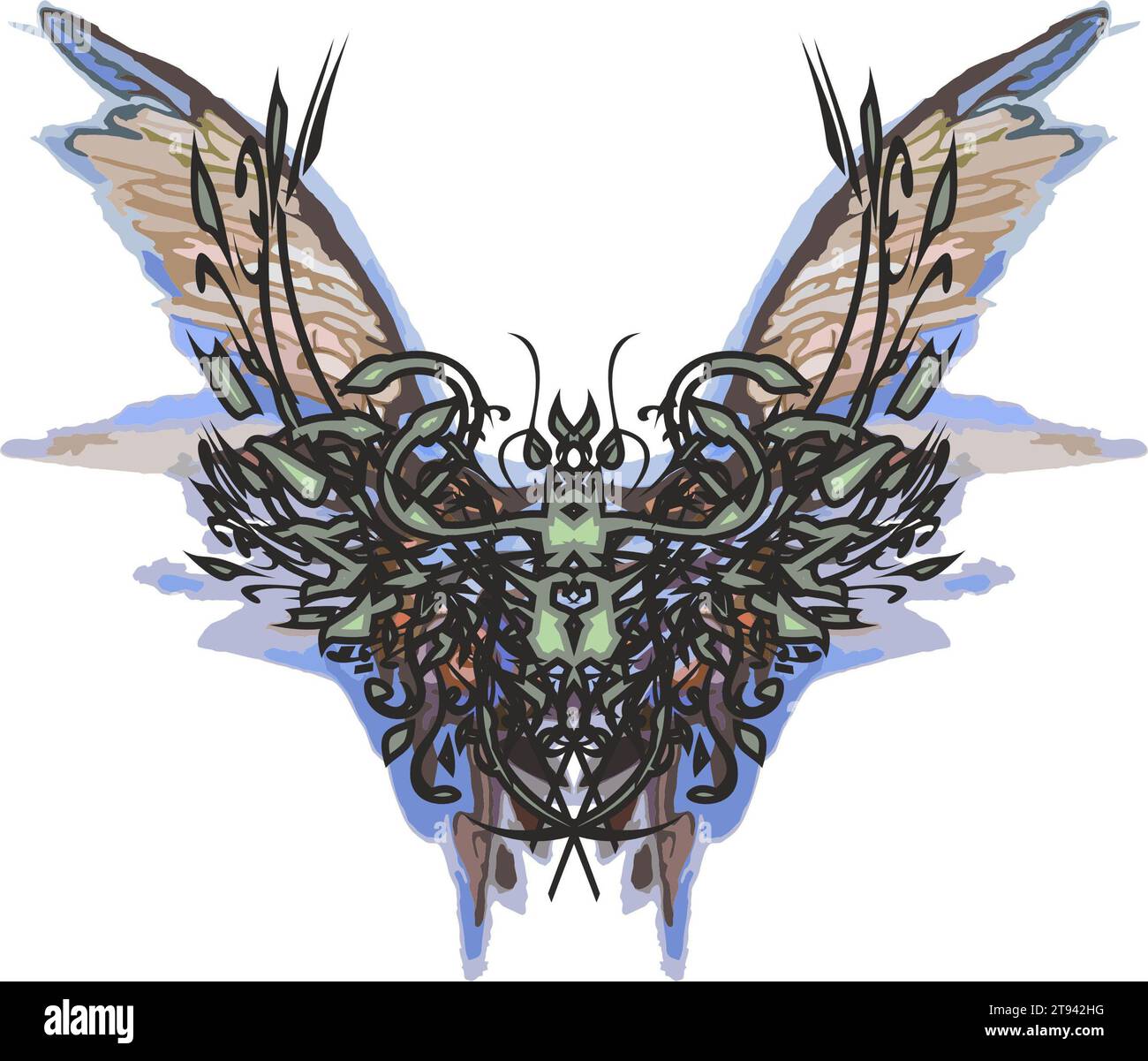 Awful butterfly wings with feather and snake elements on white for ...