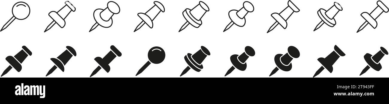 Push pin icon set. Linear and silhouette style. Vector illustration ...