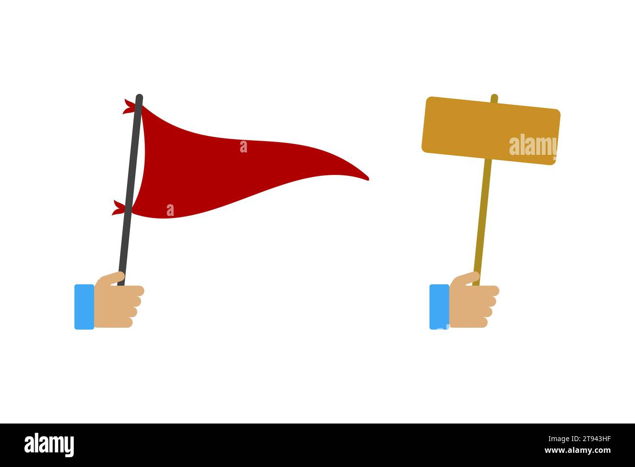 Human hand Holding with a red flag Vector illustration and wooden plate ...