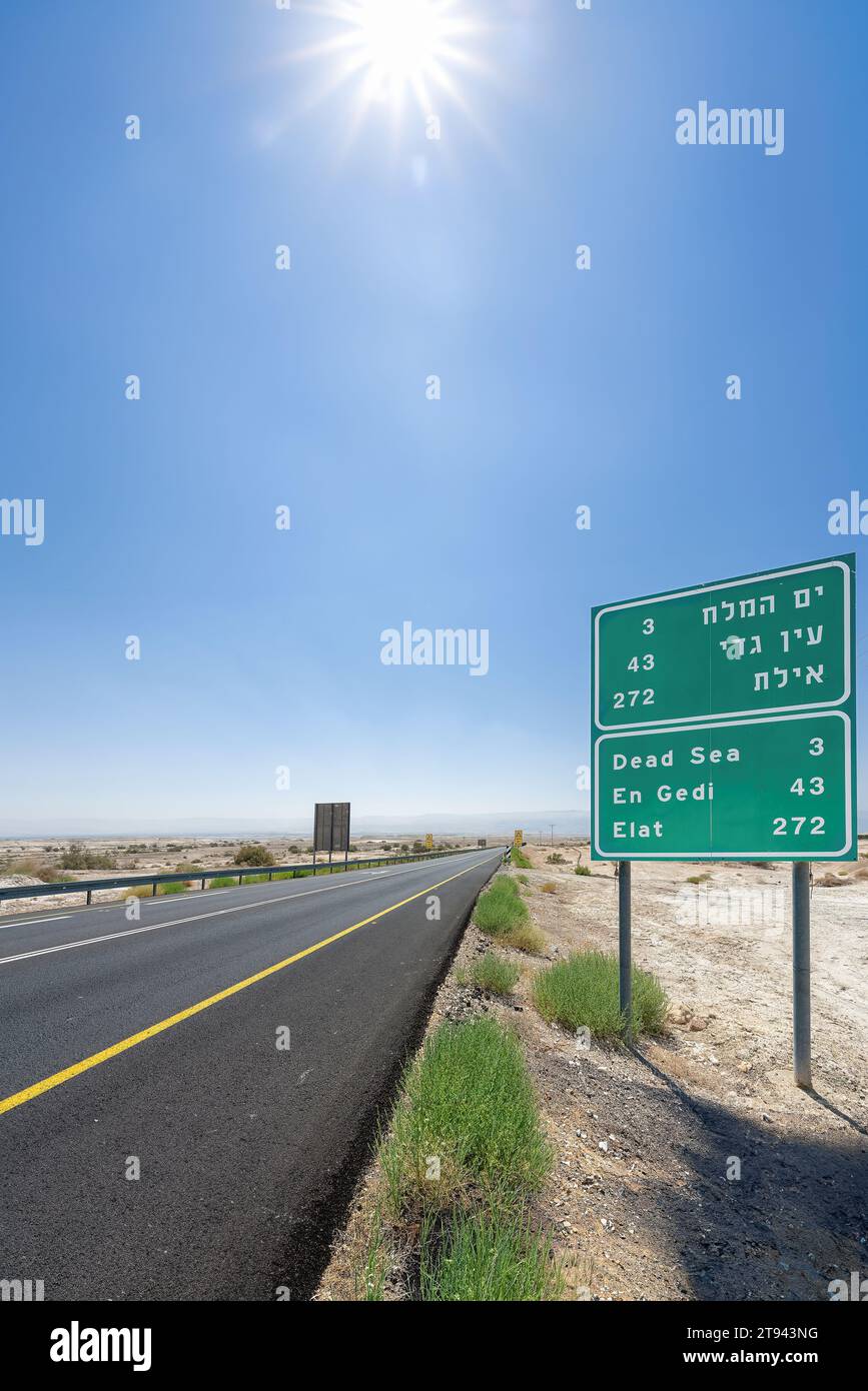 A road sign on highway 90 going towards the Dead Sea in Israel Stock ...