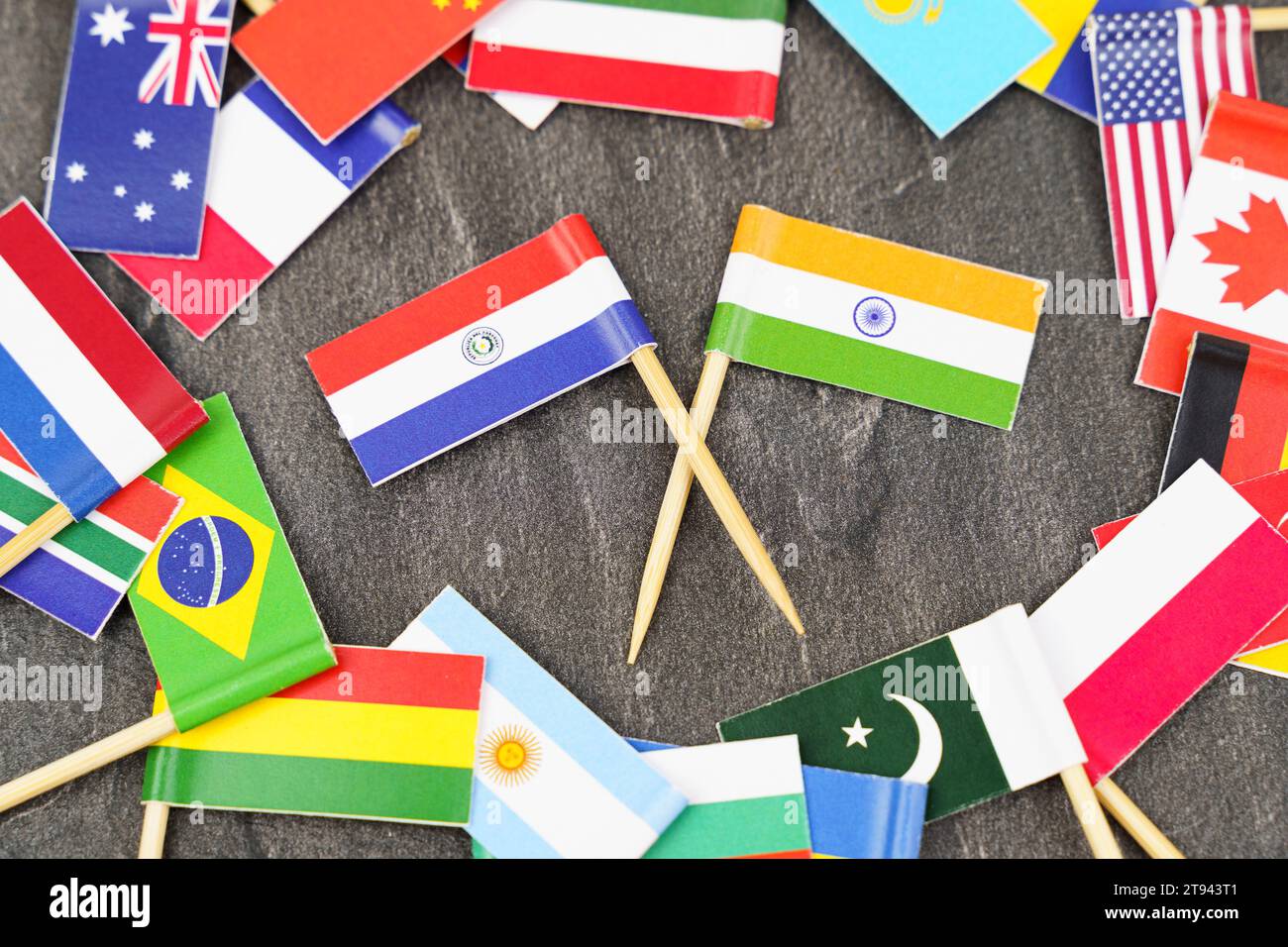 Policy. National flags of different countries. The concept is diplomacy ...