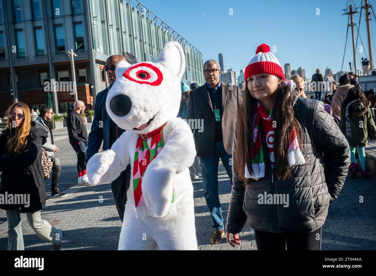 An actor dressed as the Target mascot dog, Bullseye, at the Target ...
