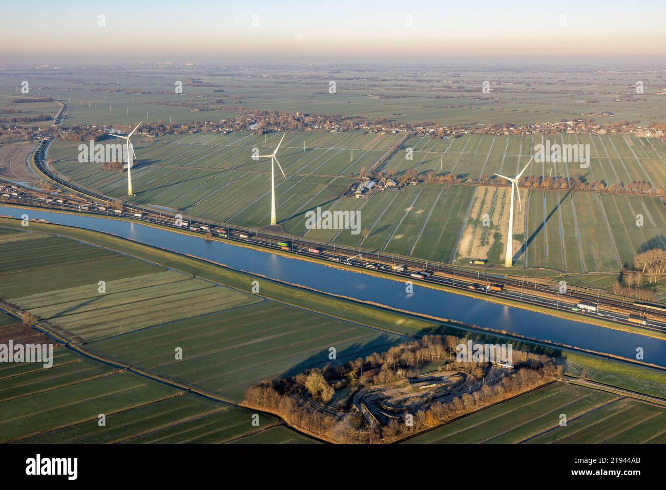 Aerial view Dutch rural landscape with cross court, canal and wind ...