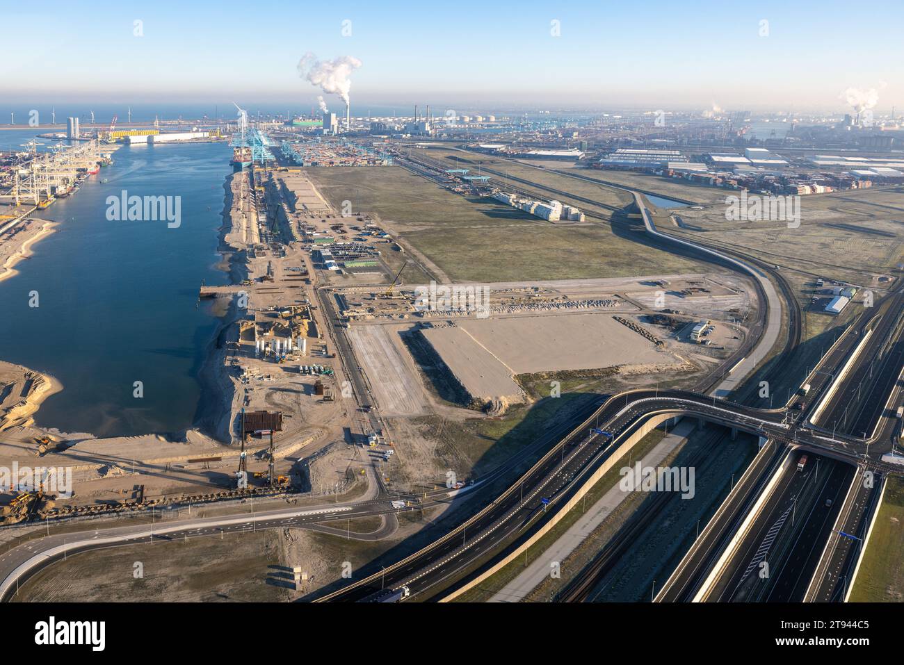 Aerial view Industrial area Maasvlakte Port of Rotterdam with freeway ...