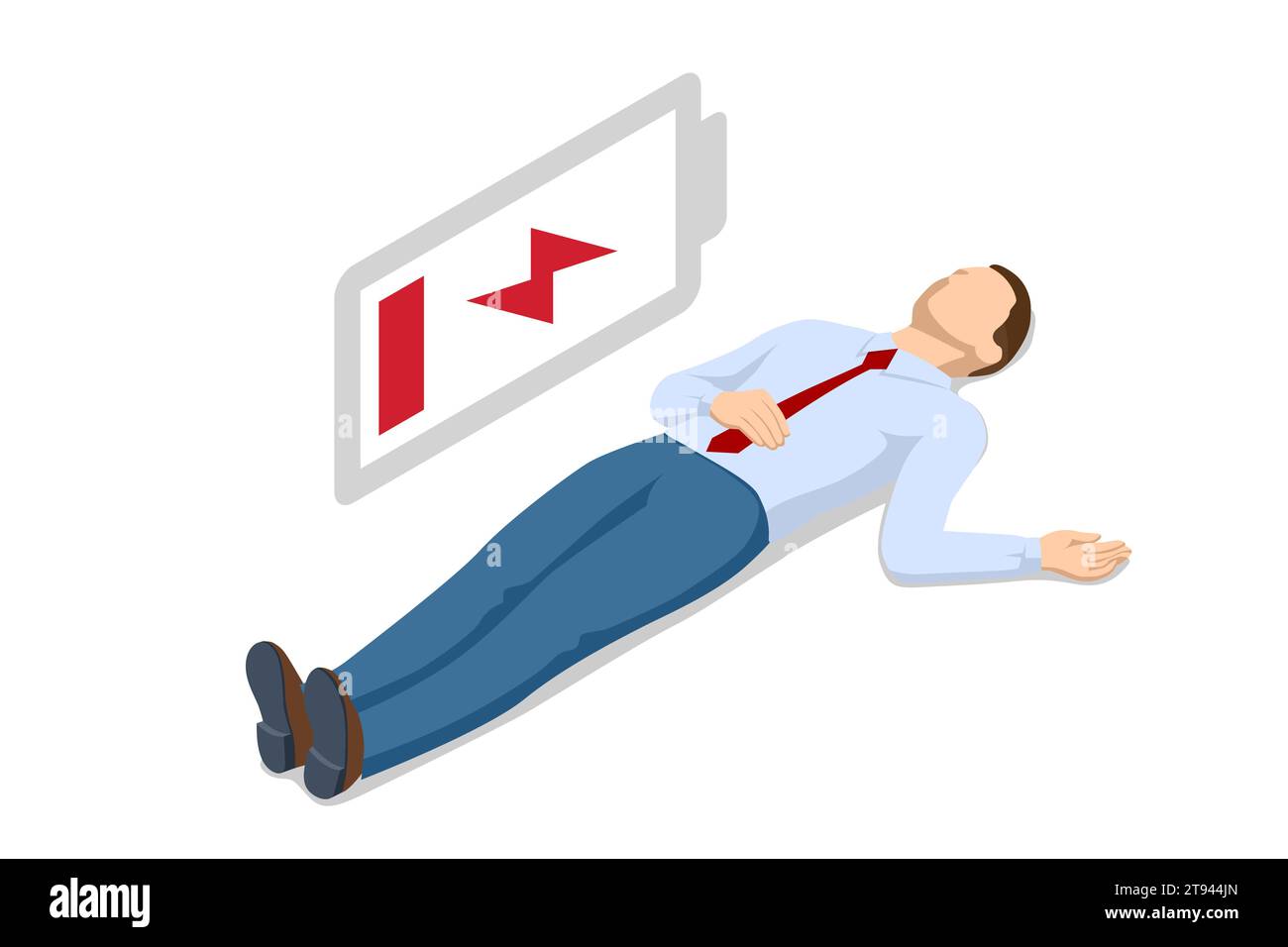 Isometric businessman lying down beside low battery indicator. Unhappy ...