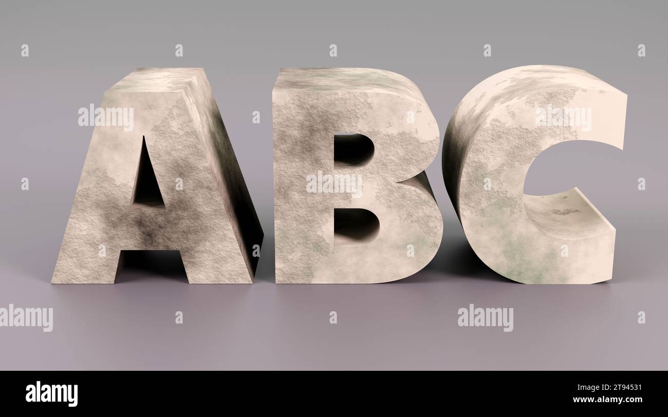 Luxury concrete inscription abc on grey podium, soft light, front view ...