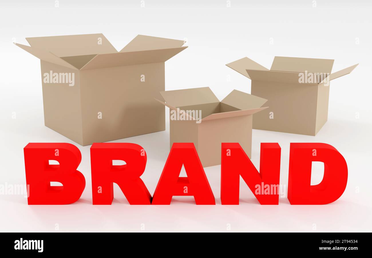 Luxury red inscription brand on grey podium with empty boxes, soft ...