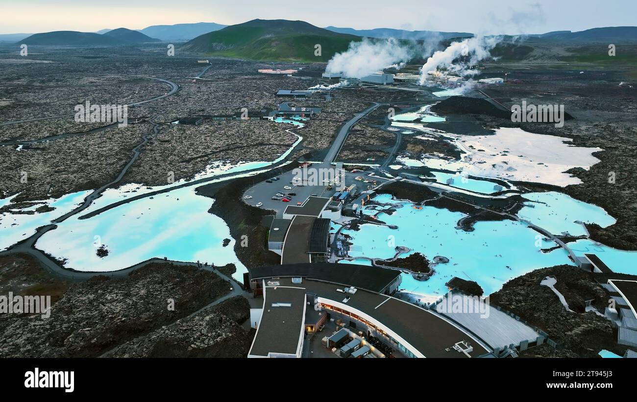 Aerial view of Blue Lagoon Spa, Iceland. Flying over Geothermal hot ...