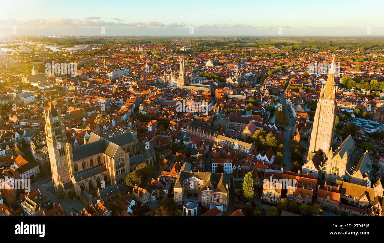 Aerial of Belfry of Bruges is a medieval bell tower Bruges Belgium. 4k ...