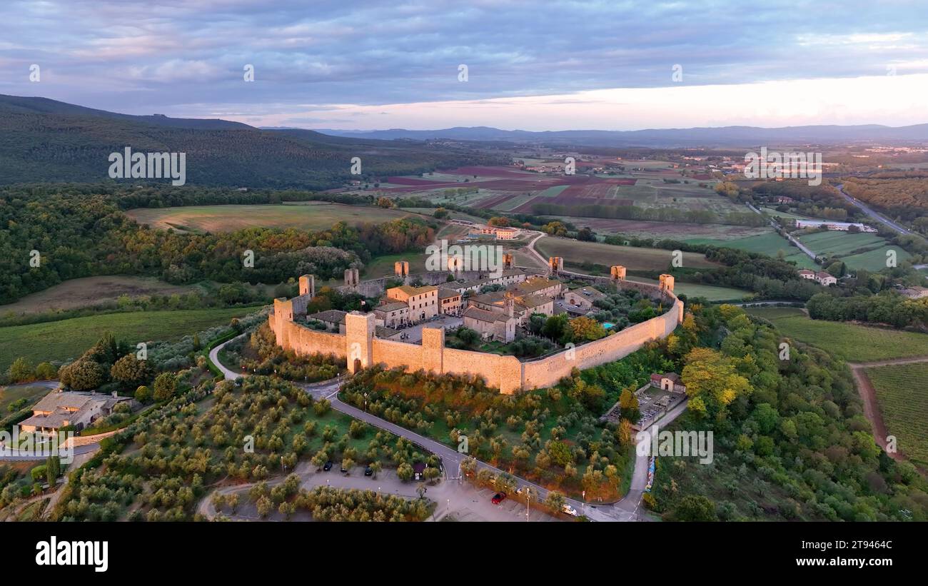 Aerial view of Tuscan landscape with ancient walled city Monteriggioni ...