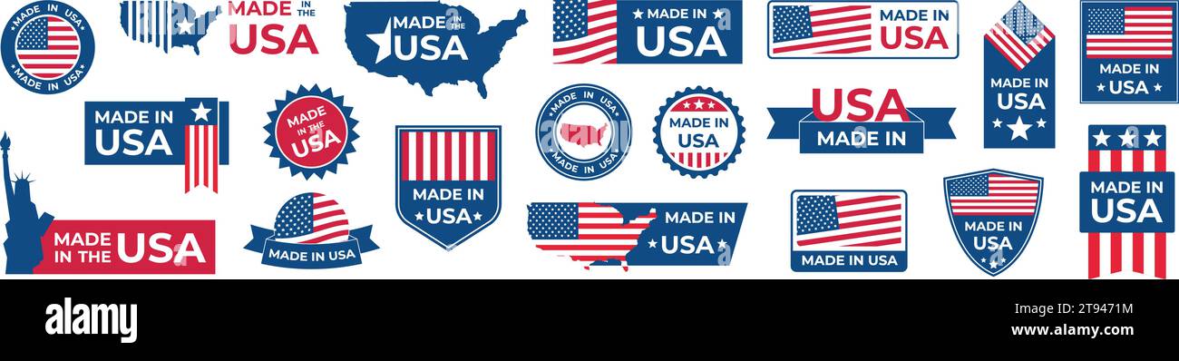 Made in USA badges set. American labels. Patriotic logo or stamp ...