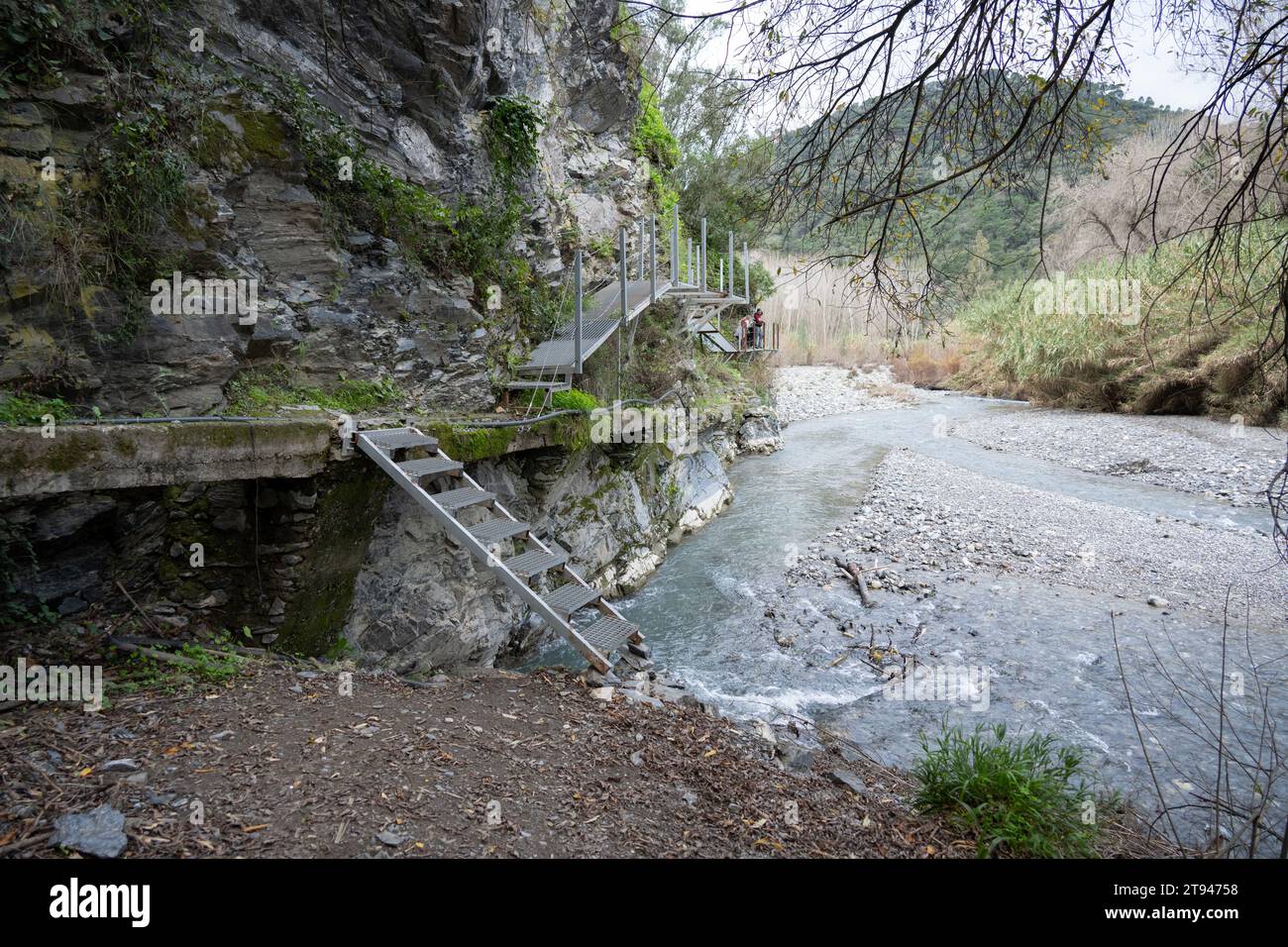 A metal pathway built alongside a cliff from the Pasarelas del Rio ...