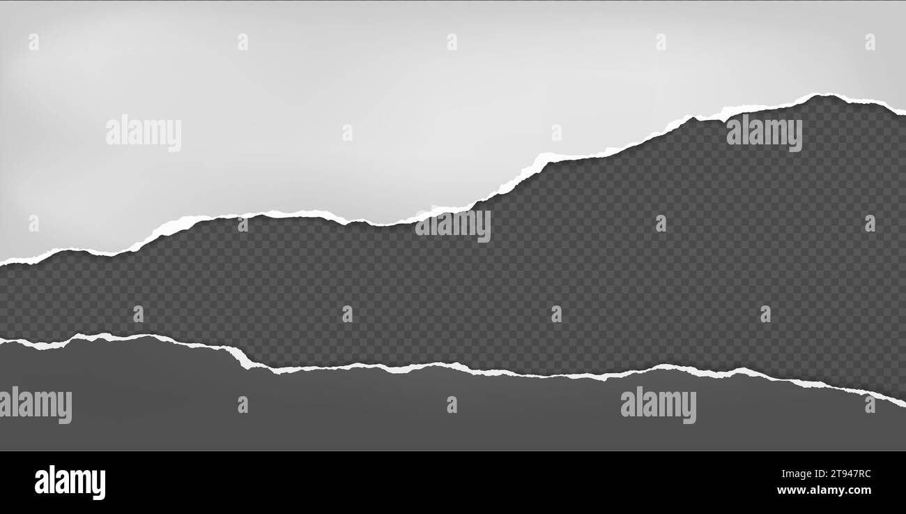 Torn, ripped black and white paper strips with soft shadow are on dark ...