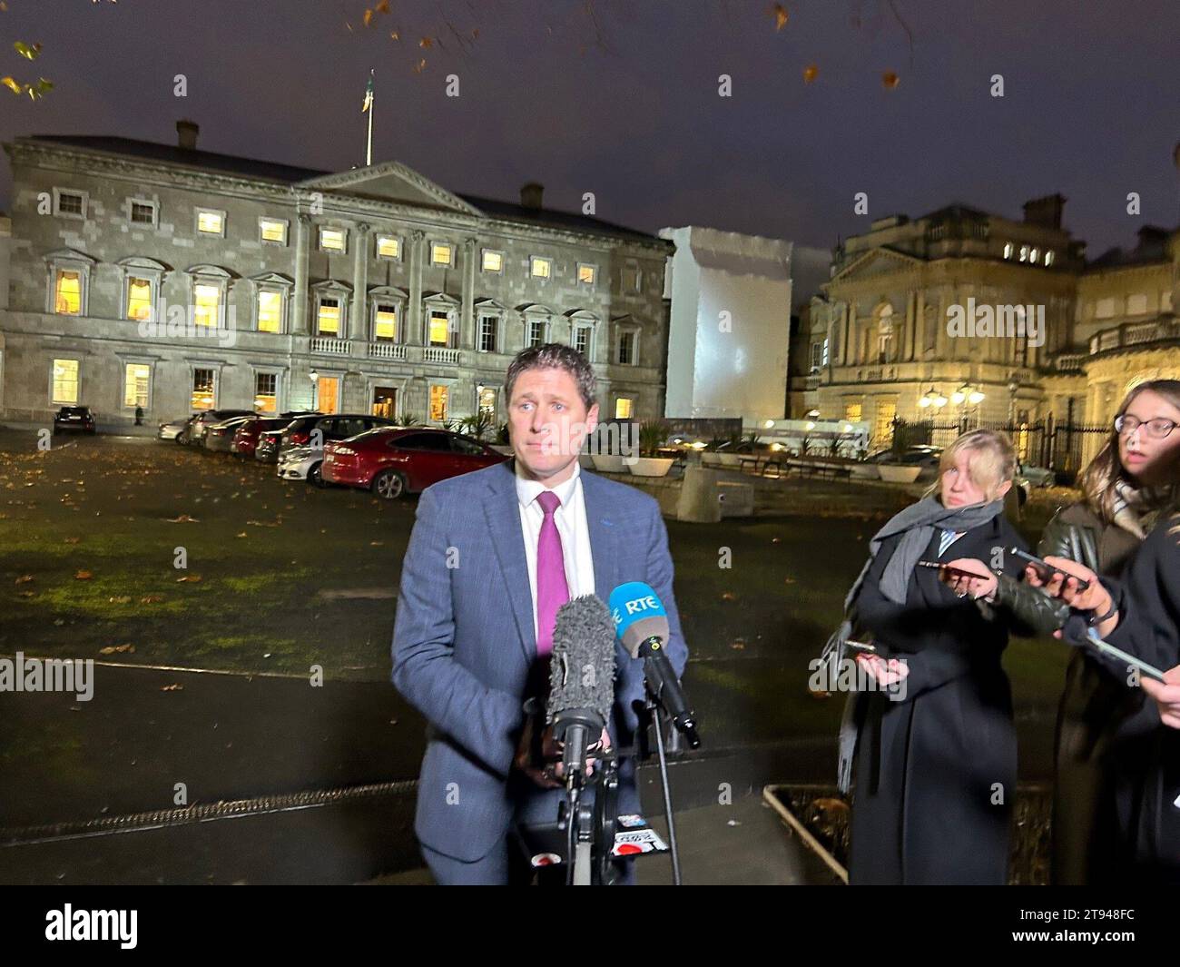 Sinn Fein Defence spokesman Matt Carthy speaks to the media outside ...