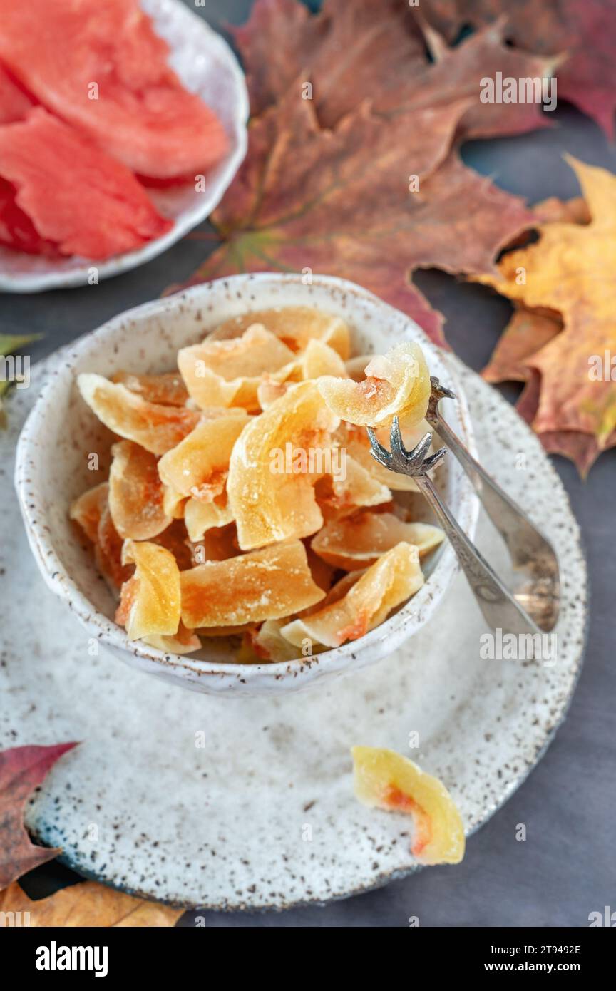 Homemade watermelon rind candy. Dessert from watermelon rinds in ...
