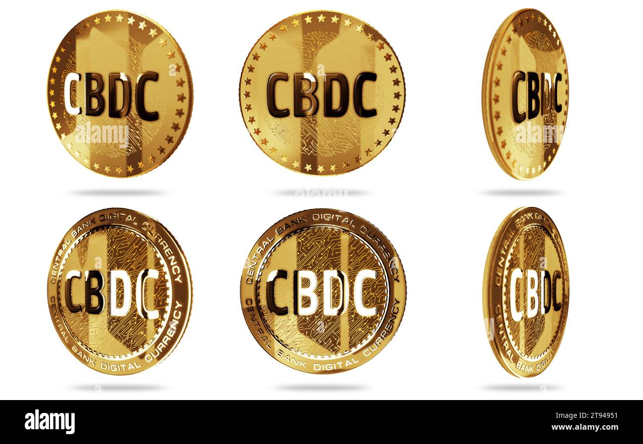 CBDC Digital Currency cryptocurrency isolated gold coin on green screen background. Abstract ...